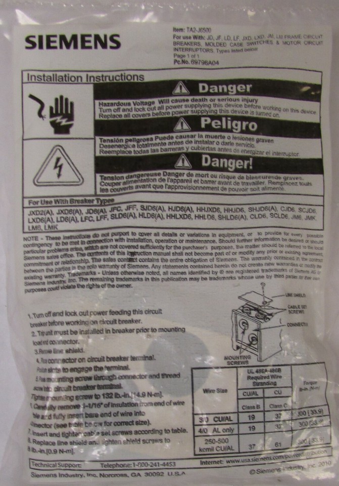 SIEMENS ITE TA2-J6500 CU7AL JD JF LD Circuit Breaker Lug Terminal ...