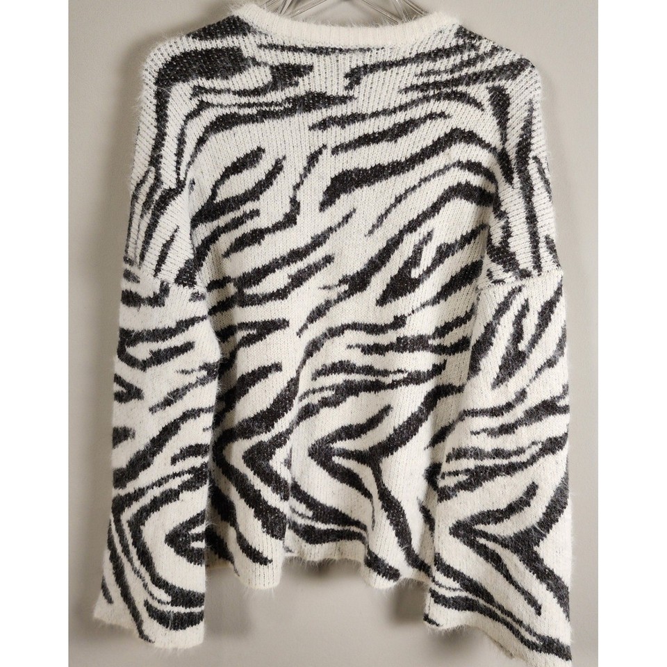 Daytrip Zebra Print Fuzzy Knit Sweater Lace Up Sleeve Design Women M ...