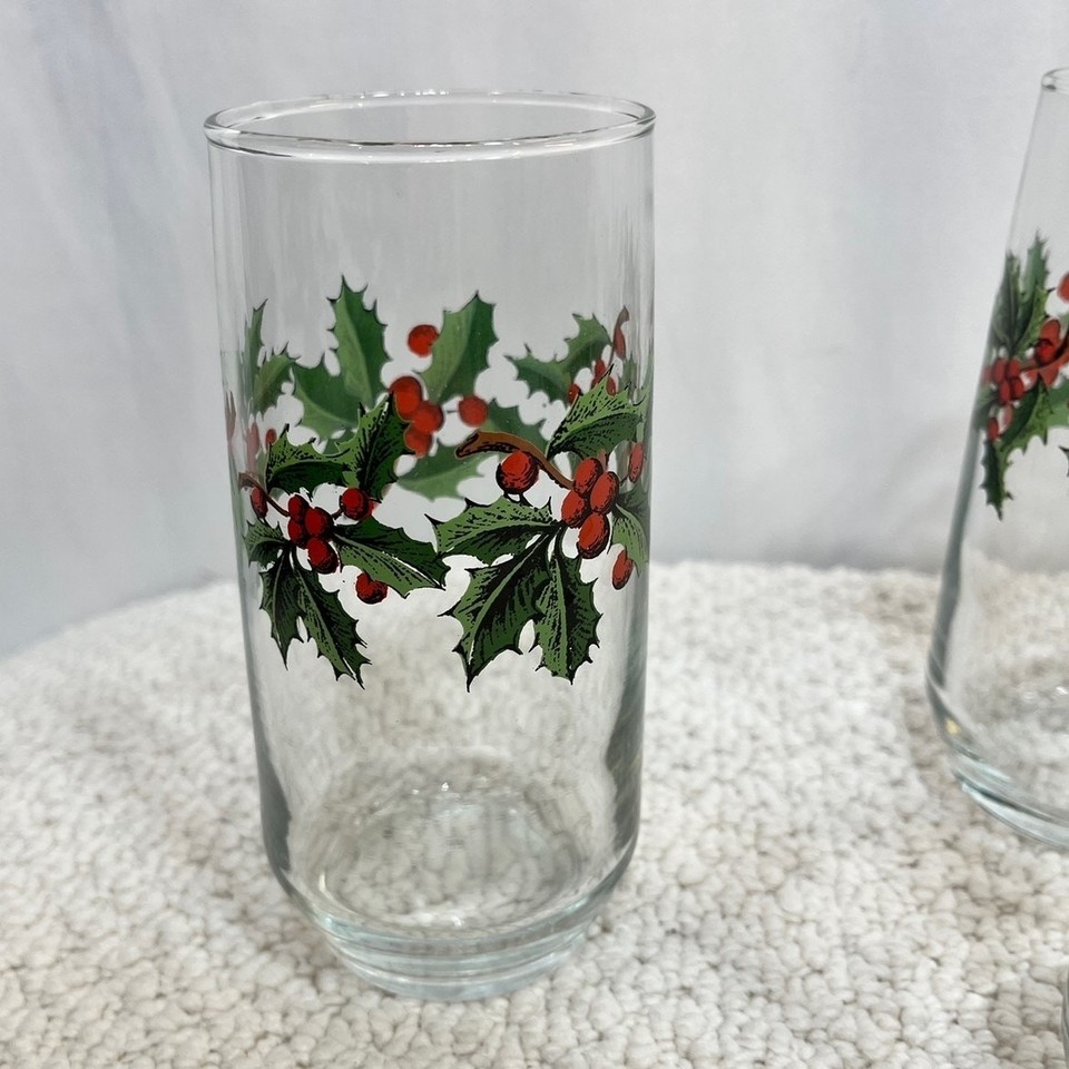 Anchor Hocking Christmas Holly Berries Glass Tumbler Vintage Lot of 6 ...