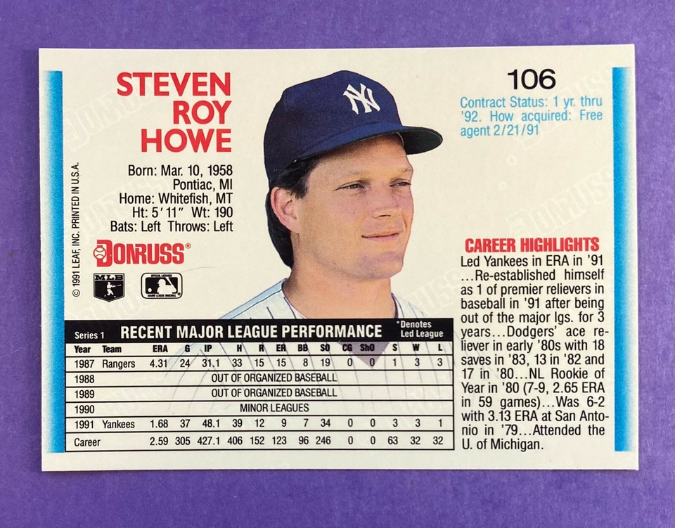 1992 Donruss Steve Howe #106 Baseball Card New York Yankees (ROY/AS) | eBay