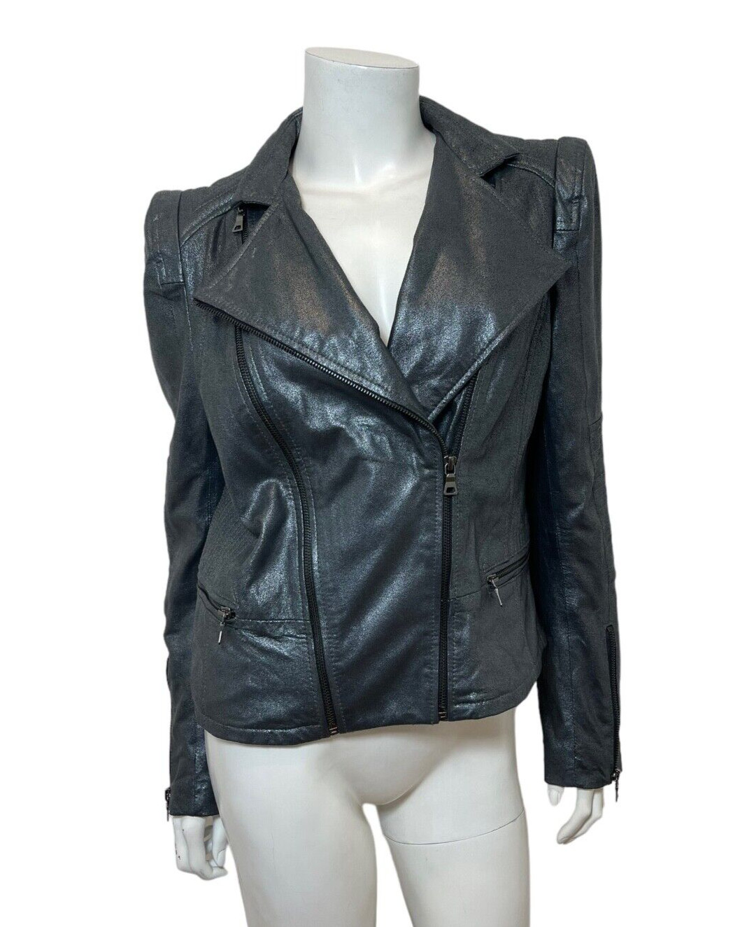 My-Tribe Leather Moto Jacket in Metallic Gunmetal Siz… - Gem