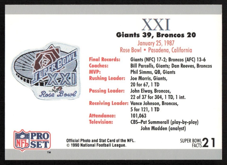 1990 Pro Set Super Bowl Ticket Replica SB XXI Ticket #21 Giants/Broncos ...
