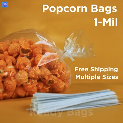 Clear Plastic Popcorn Bags w Free Twist Ties 1-Mil Open Top Gusset Food ...