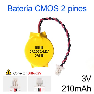 Bateria pila CMOS BIOS 2 pines CR2032 con cable y conector SHR-02V 3V ...