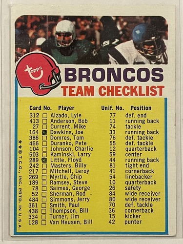 1973 Topps Team Checklists Marked Denver Broncos Vintage Football Card ...