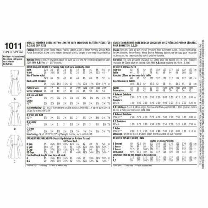 Simplicity 1011 Size 10-18 or 20W-28W Misses Amazing Fit Dress Sewing ...