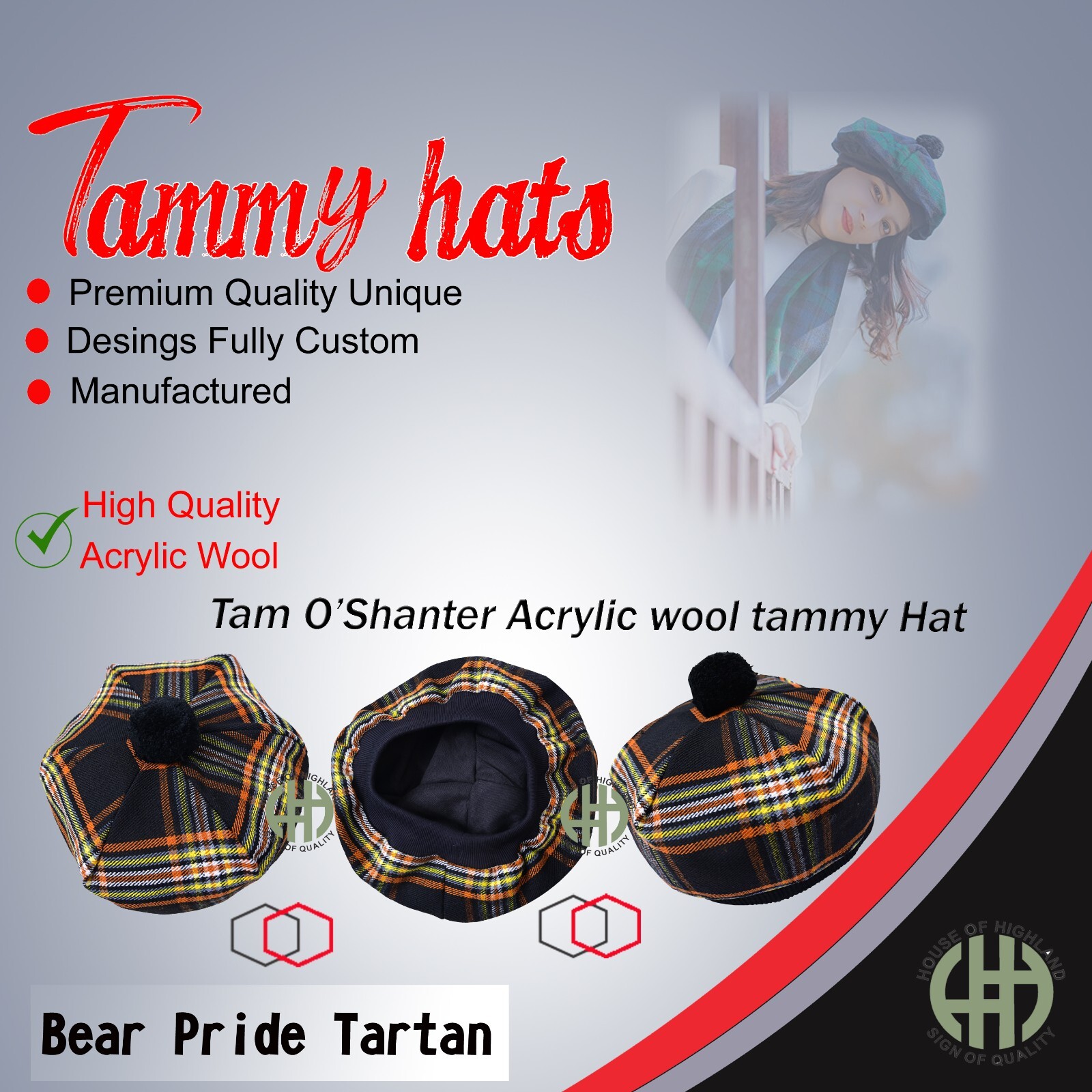 Unisex Great Scottish Highland Tam O Shanter Hat Bear Pride Tartan ...
