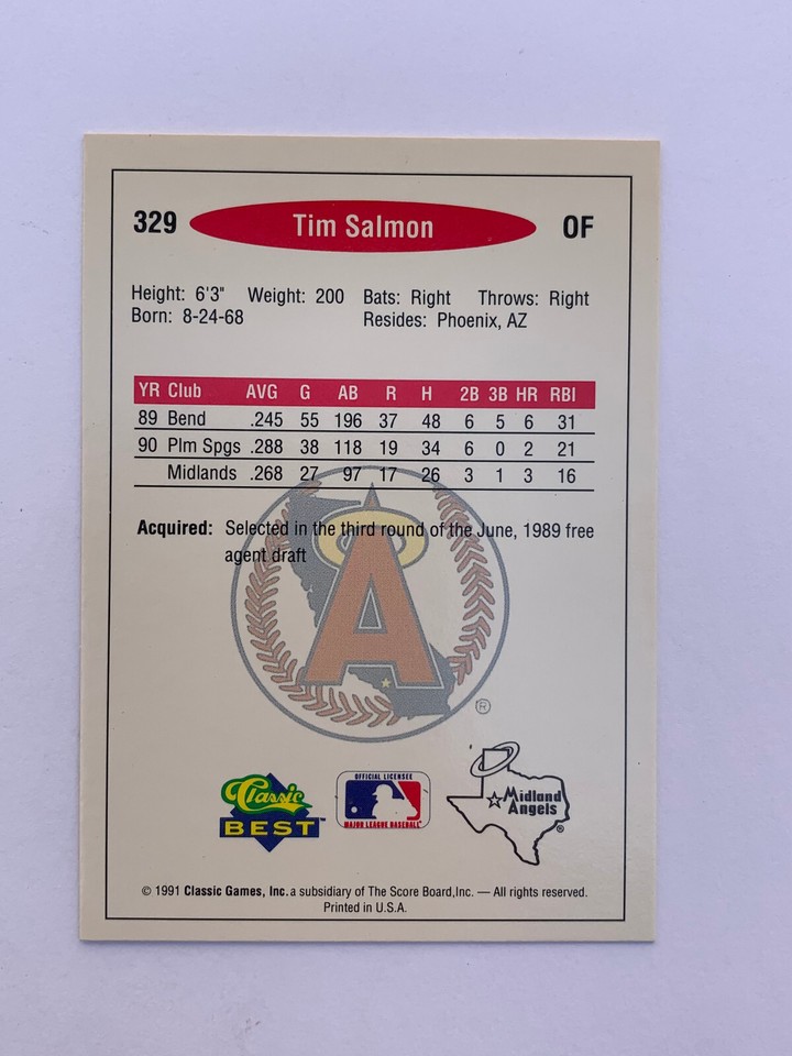 1991 Classic Best Tim Salmon #329 Autographed Signed Baseball Card | eBay
