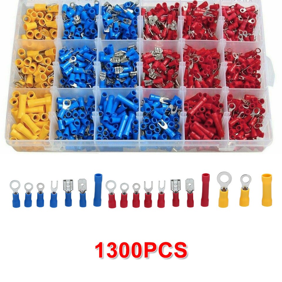 1300PCS Electrical Wire Connectors Kit Insulated Spade Fork Ring Crimp ...