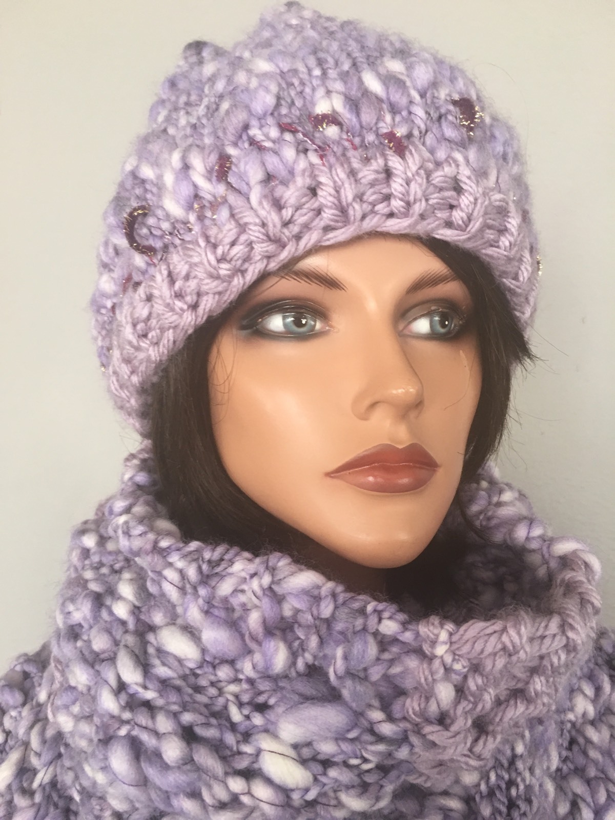 Hand Knit Shawl Hat Set Lilac Boucle Designer Fashion Chic Winter ...
