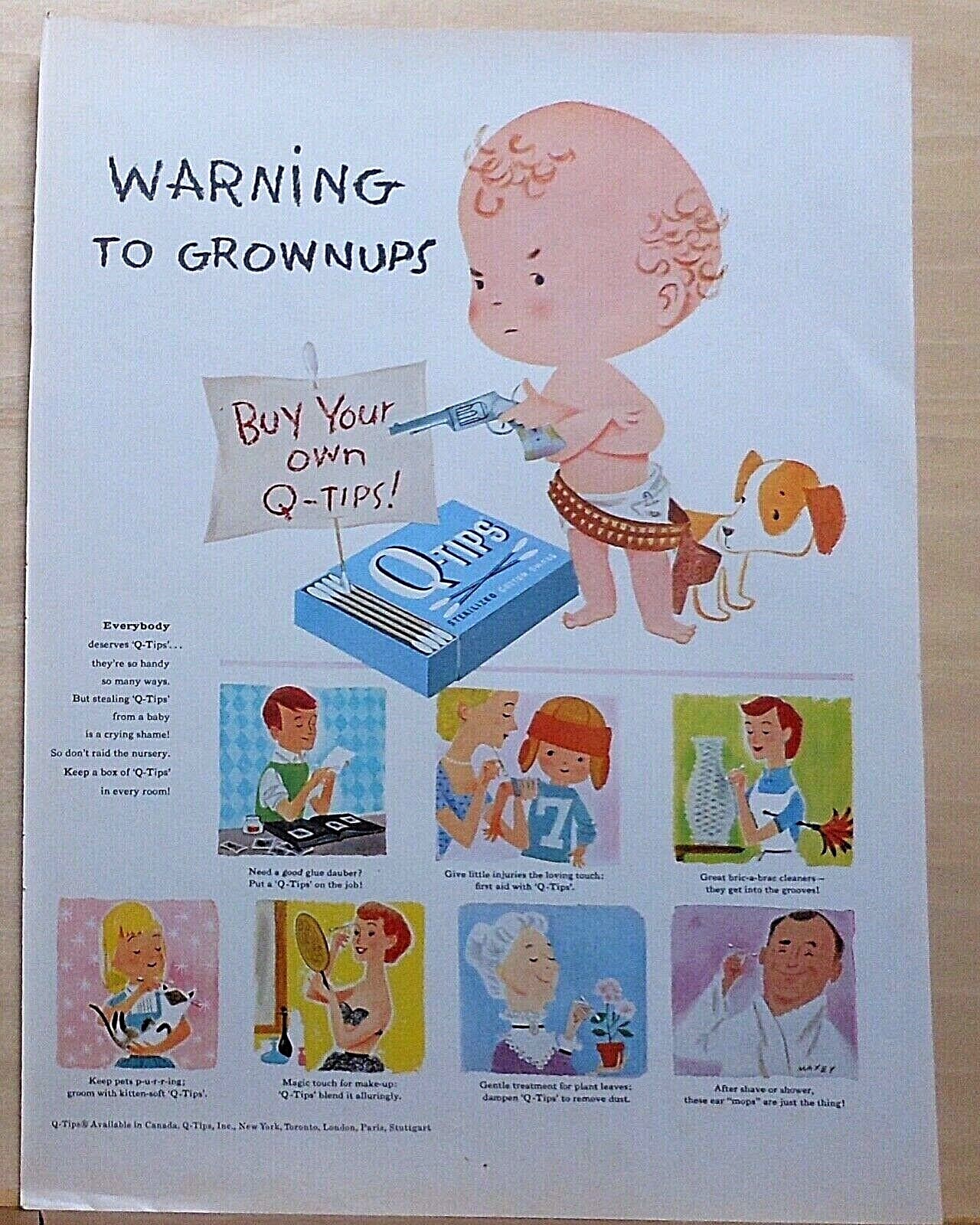 1957 magazine ad for Q Tips - Baby warns grown ups to buy their own, D ...