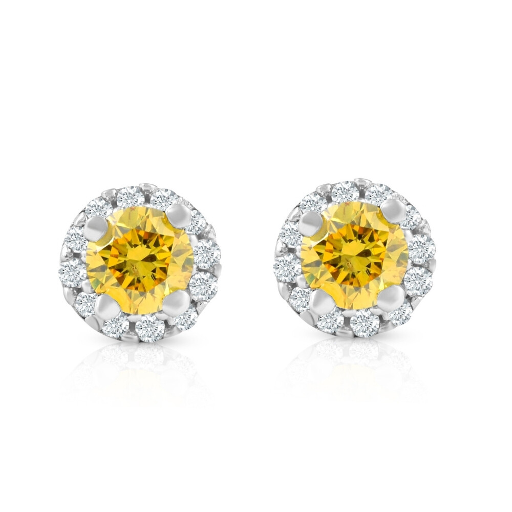 VS 1/4 Ct Halo Fancy Canary Yellow Lab Grown Diamond Studs 10K White ...