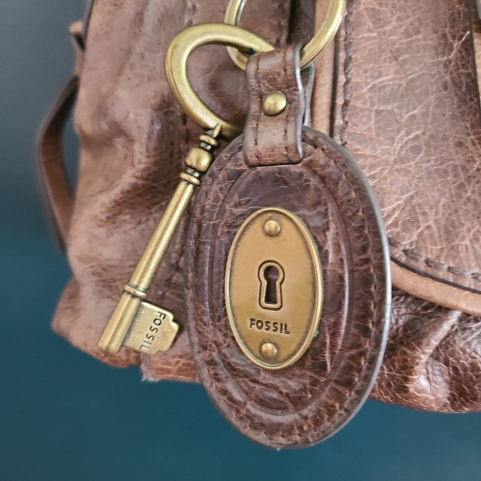 FOSSIL Brown Leather Purse Dbl Handles Zip Top Brass Hardware Charm ...