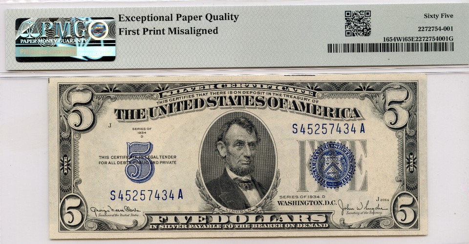 1934 Silver Certificate $5 Note, Misaligned error note, PMG 65 EPQ | eBay