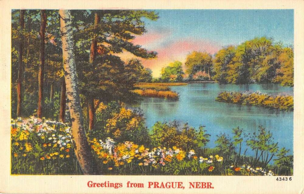 Prague Nebraska Greetings From scenic view lake from shore antique pc ...