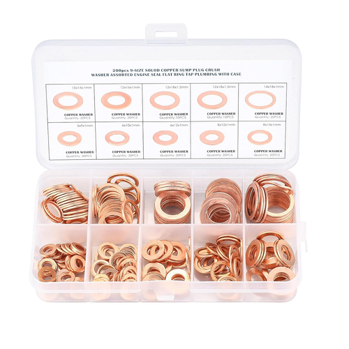 Copper Flat Washers Assortment Kit, 200 Pcs Metric Copper Sealing ...