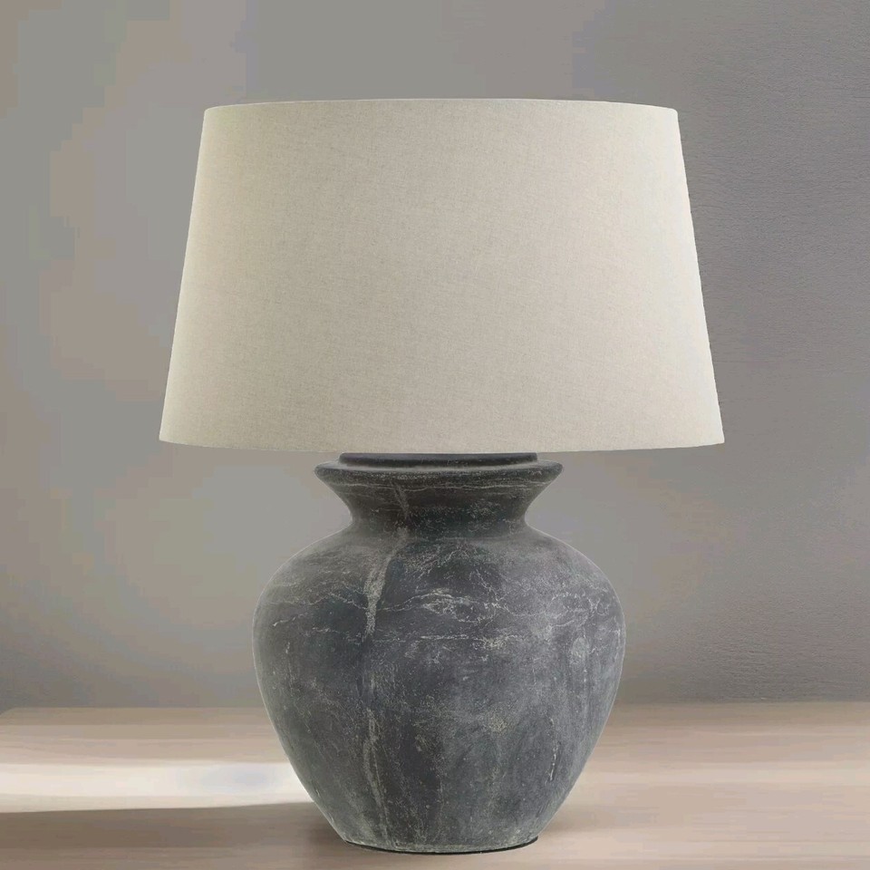 Extra Large Ceramic Table Lamp with Linen Shade & Stone Effect Base ...