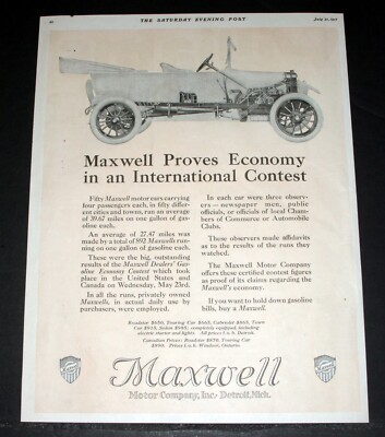 1917 OLD MAGAZINE PRINT AD, MAXWELL MOTOR CAR, PROVES ECONOMY IN INTL ...