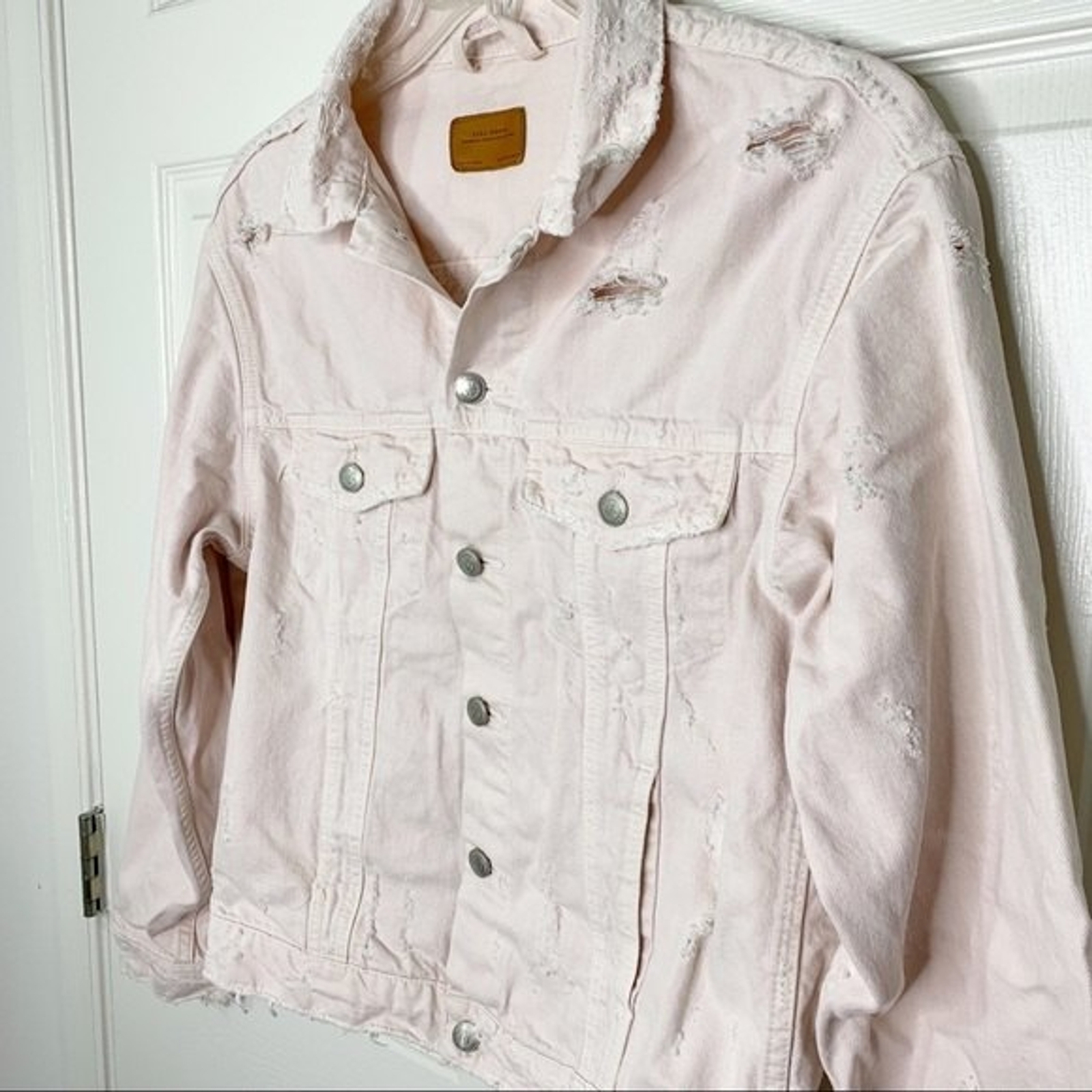 Zara Woman Distressed Light Pink Denim Jacket Women's… - Gem