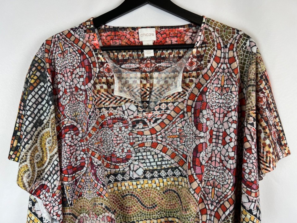 Chico's Red Beige Mosaic Ruffle S/S Bottom Tie Embellished Top Size 1 ...