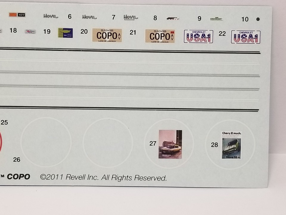 1969 Chevy COPO Nova DECAL SHEET from Revell 1:25 Model Kit 69 DECALS ...