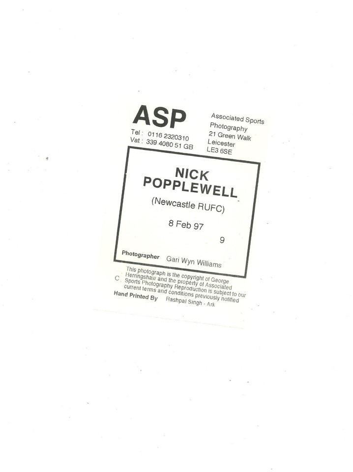 Nick Popplewell - NEWCASTLE RUFC - 10 x 8 Original Press Photograph | eBay