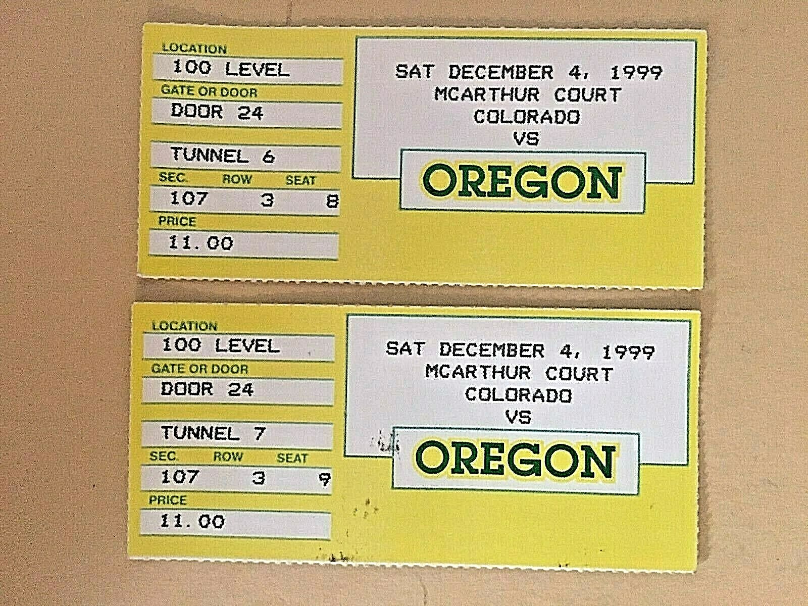 U of OREGON DUCKS BASKETBALL 1999 lot of 2 TICKET STUBS vs. Colorado ...