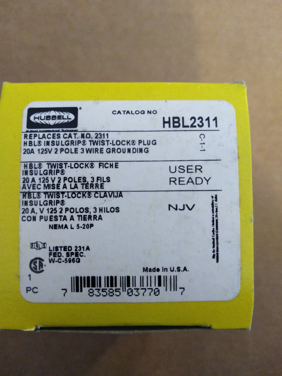 Hubbell HBL2311 20a 125v 2 Pole 3 Wire Grounding Twist Lock Plug New In ...