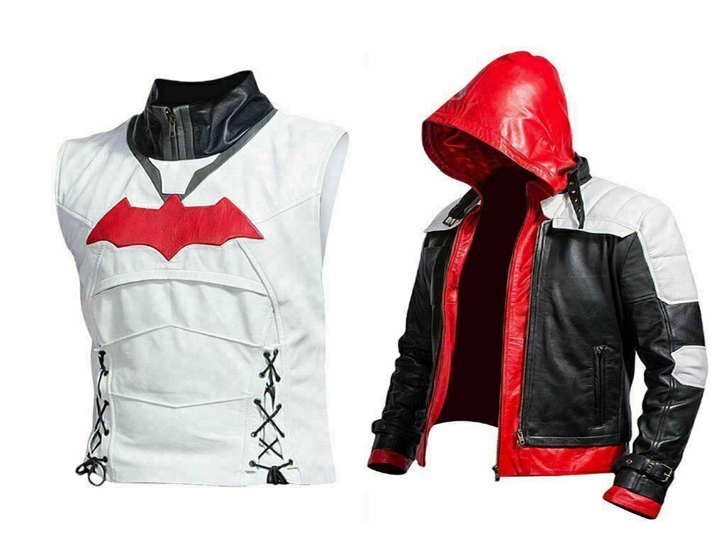 MEN RED HOOD LEATHER JACKET & VEST BATMAN ARKHAM KNIGHT GAME COSTUME | eBay
