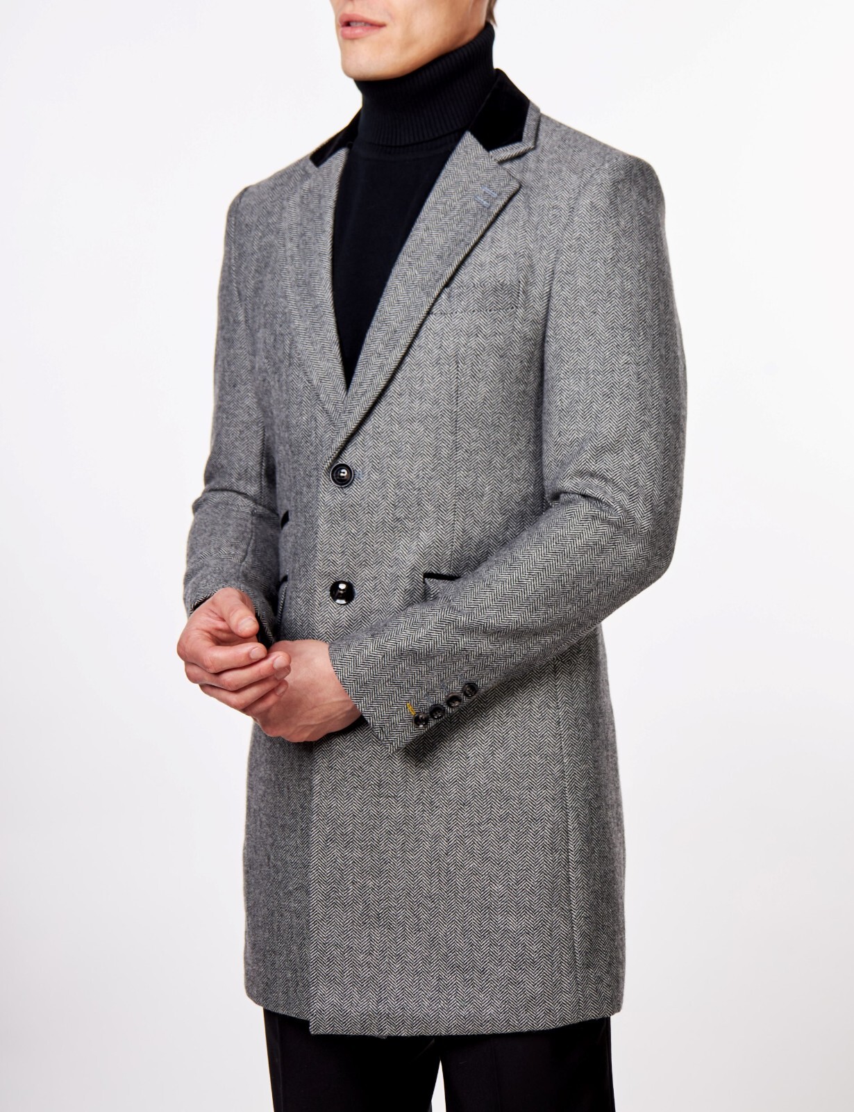 Mens Herringbone Long Overcoat Retro Wool Mix Tailored Mid Length Coat ...