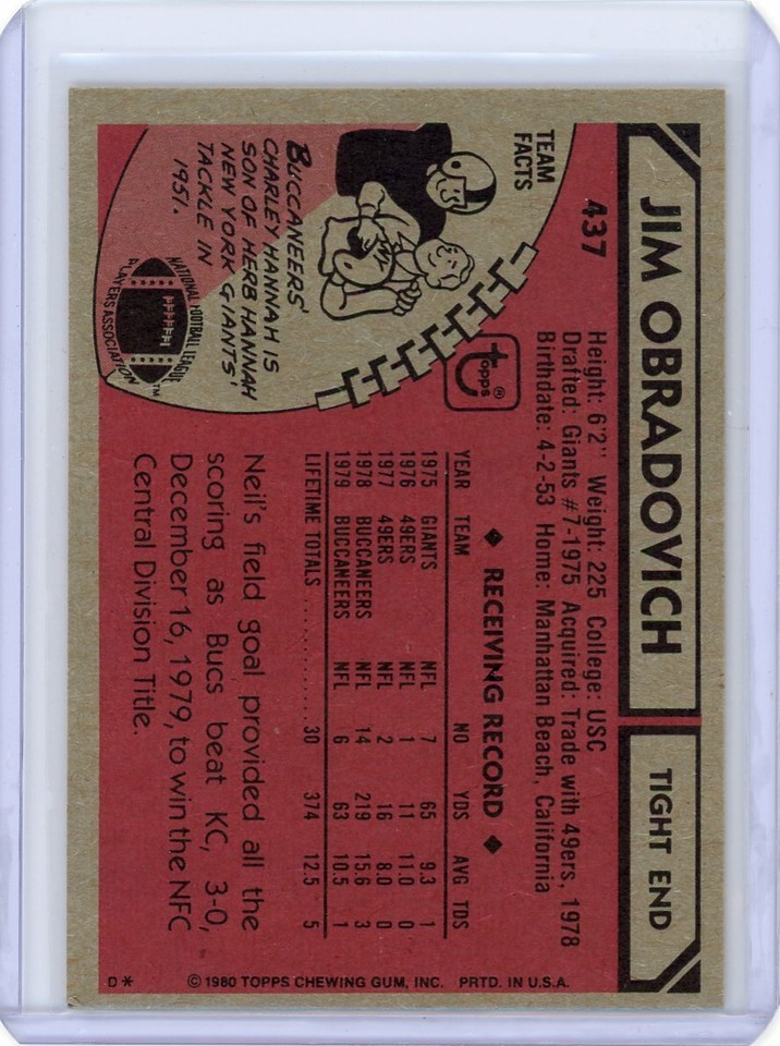 1980 TOPPS JIM OBRADOVICH #437 NM-MT TO MINT SET BREAK BUCCANEERS | eBay