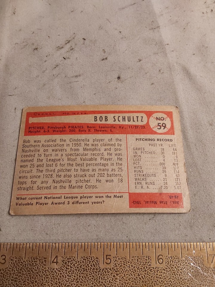 1954 Bowman Baseball No 59 Bob Schultz Pittsburgh Pirates | eBay