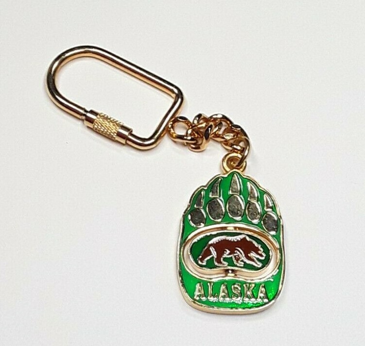 Alaska Grizzly Bear Paw Green Gold Tone Souvenir Spinner Keyring ...