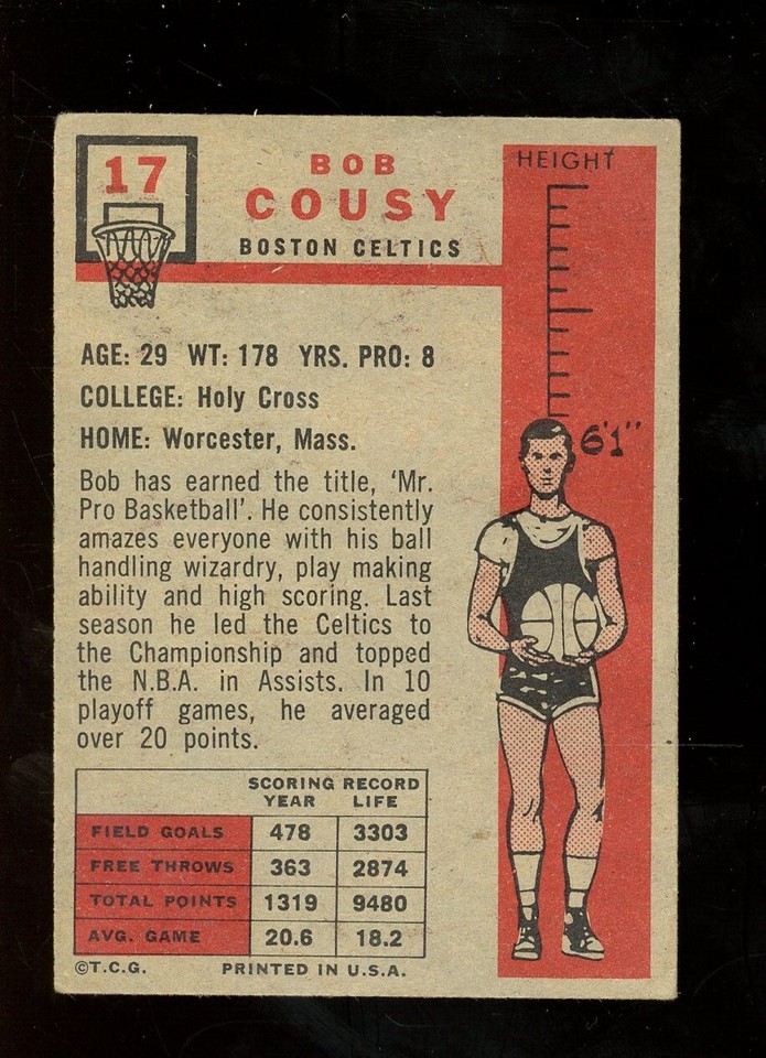 1957 TOPPS BOB COUSY BASKETBALL Rookie Card #17 Boston Celtics Hall of ...