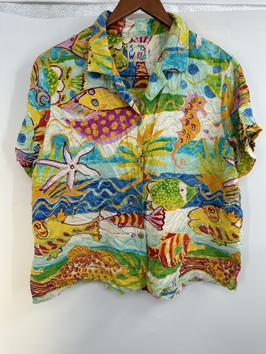 Vtg 80s 90s JAMS WORLD Rayon Hawaiian FISH SEA ABSTRACT ART Print Shirt ...