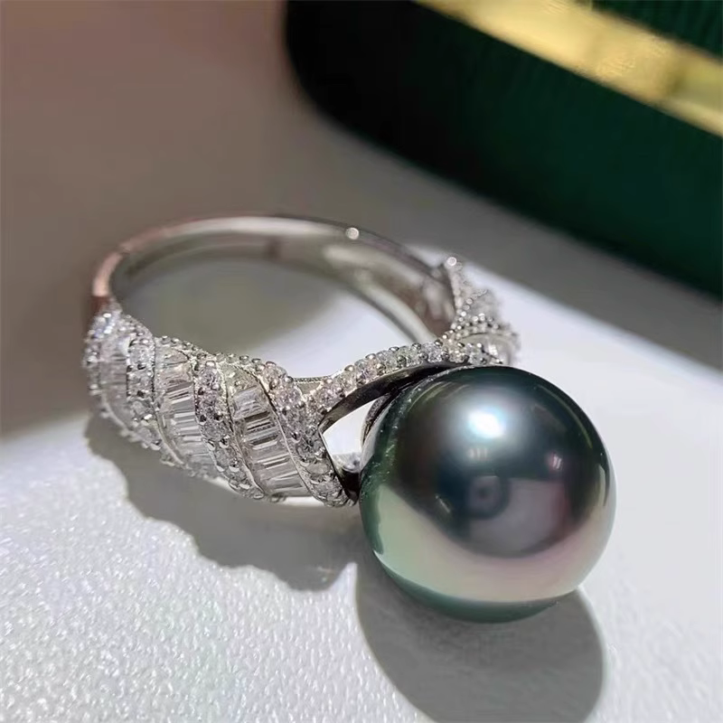 HUGE AAAA 10-11 mm Round natural south sea black pearl ring 925S ...