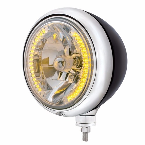 Black "Guide" Hot Rod Headlight w/o Turn Signal - 34 Amber LED Crystal ...