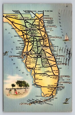 Florida Map Postcard Cities & Roads Vintage Linen FL Postcard 1950s | eBay