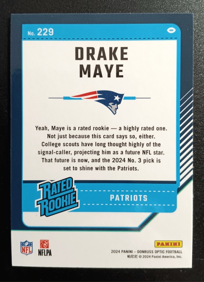 2024 Panini Donruss*Rated Rookie* Optic Drake Maye #229 ROOKIE CARD 🔥 ...