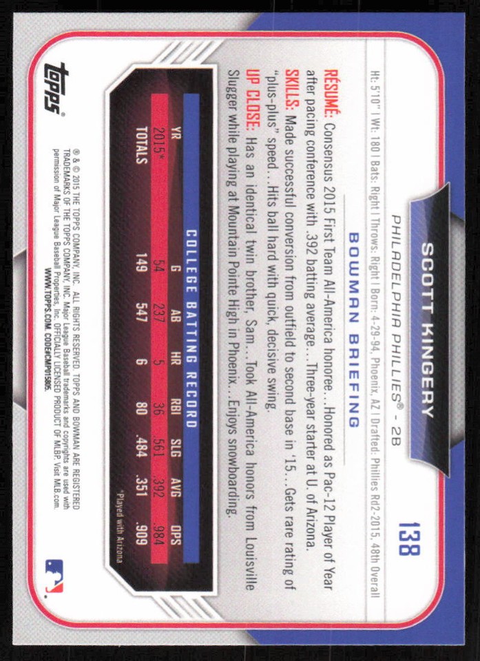 2015 Bowman Draft #138 Scott Kingery - FREE SHIPPING | eBay