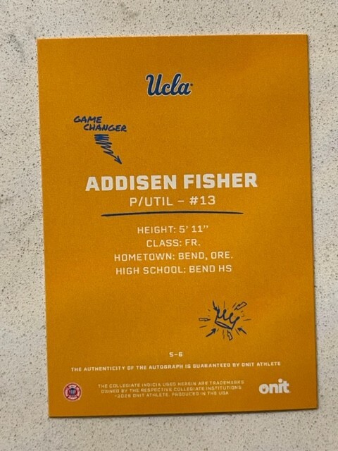 ADDISEN FISHER 2025 Onit UCLA Bruins Softball On Card Yellow SP AUTO ...