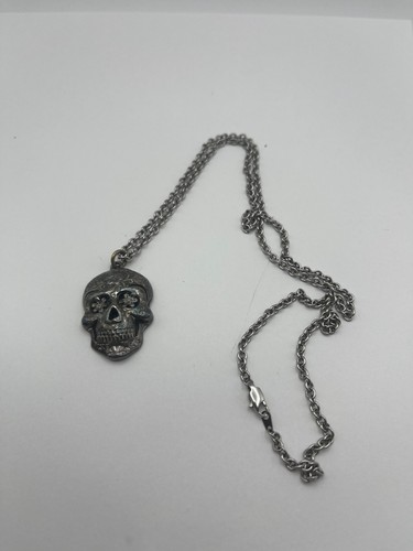 Sugar Skull Pendant Necklace Gothic Chain Silver Tone Steel Day of the ...