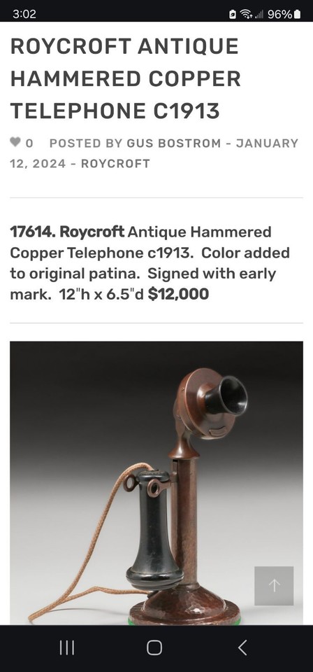 ANTIQUE ROYCROFT ARTS CRAFTS COPPER CANDLESTICK TELEPHONE STICKLEY DIRK ...