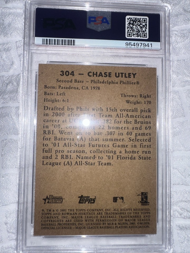 2001 Bowman Heritage Chase Utley Rookie RC #304 PSA 9 Mint Philadelphia ...
