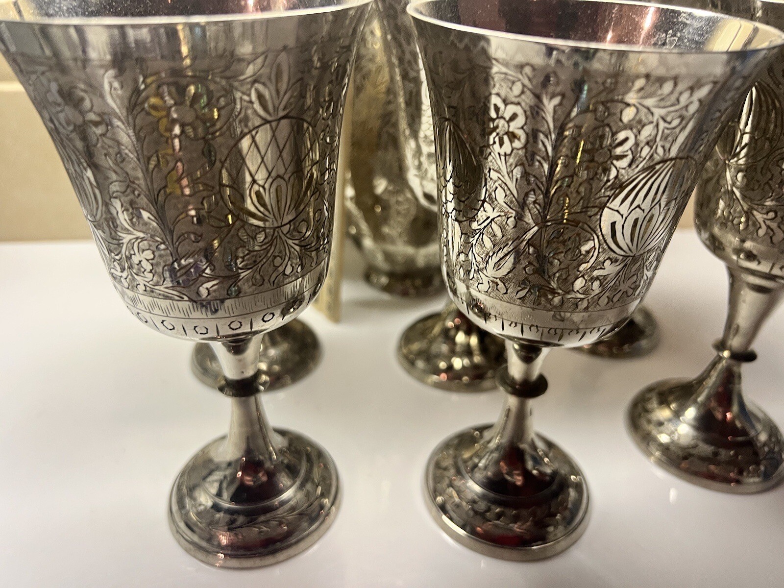 World Gift ZY India Silver plate Chandi Engraved Goblets Pitcher Wine ...