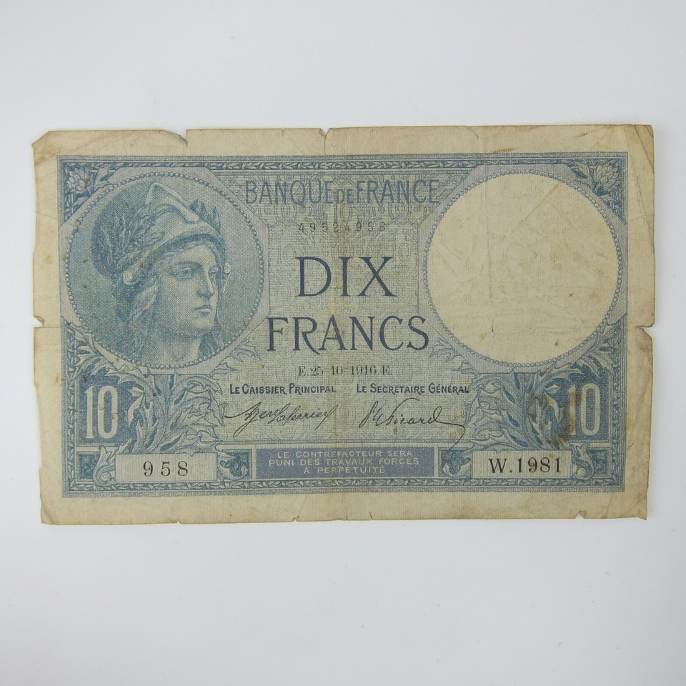 France Banknote 10 Francs Minerva Paper Money Currency Antique 1916 ...