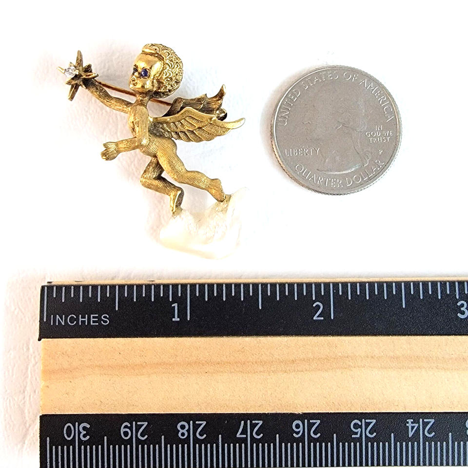 RUSER Style Angel Cherub Natural Sapphires Diamond Pearl ~ 14Kt Brooch ...