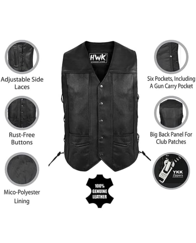 HWK Motorsports Men's Leather Motorcycle Riding Vest Black Size 5XL | eBay