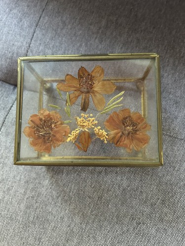 Vintage Pressed Flower Glass Box Orange Trinkets Jewelry Brass Glass ...