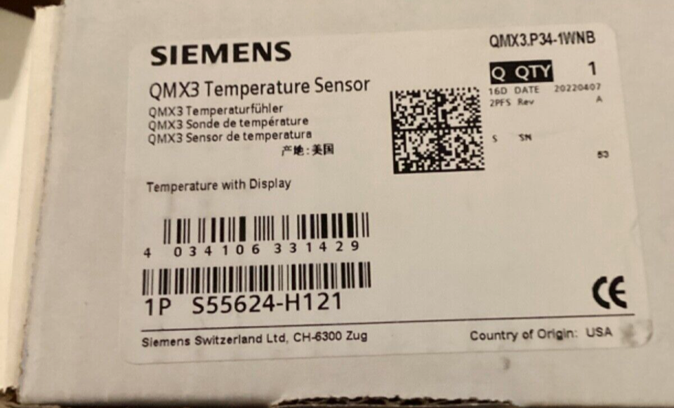 SIEMENS QMX3 TEMPERATURE SENSOR QMX3.P34-1WNB / QMX3P341WNB, S55624 ...